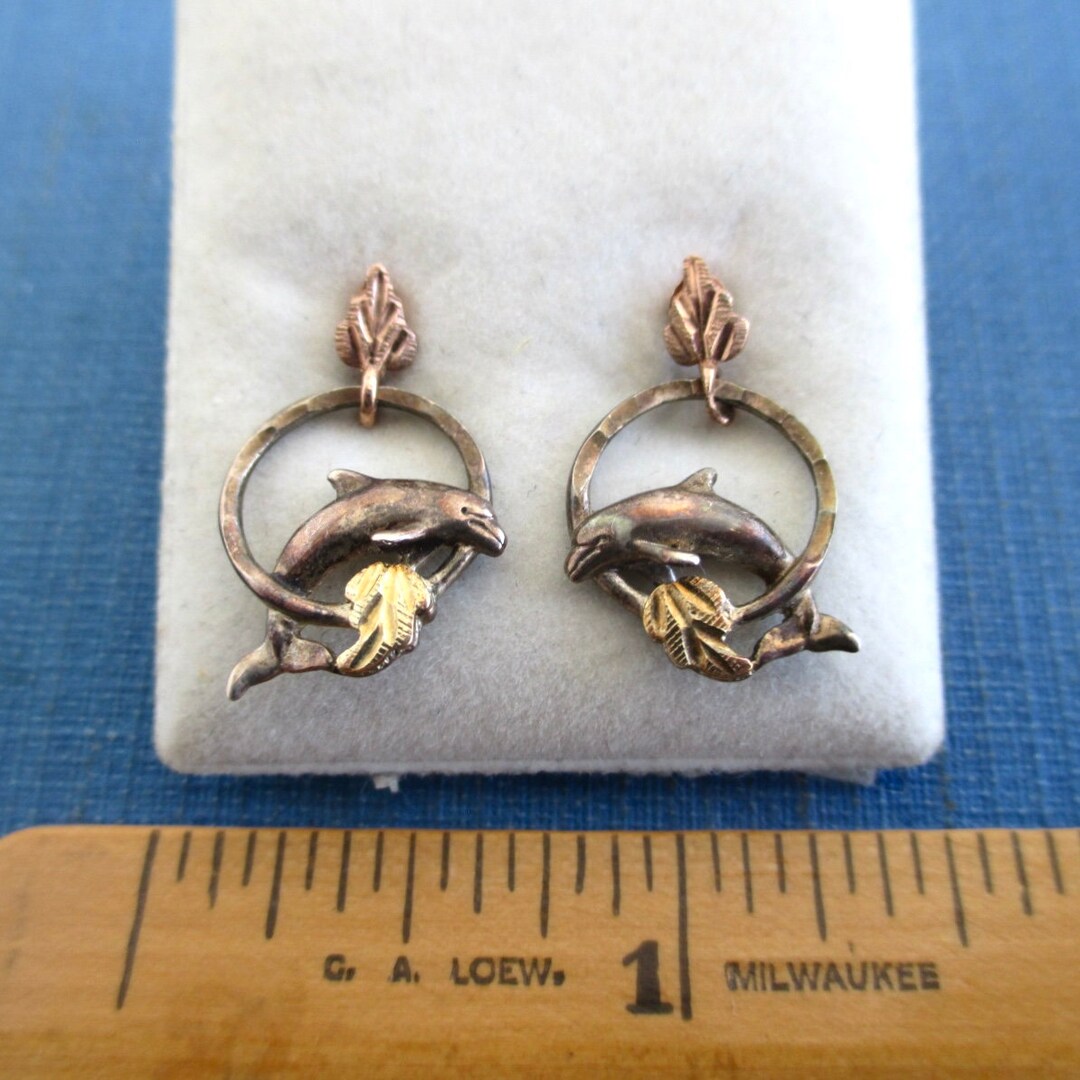 12K Solid Gold & Sterling Silver Dolphin Earrings - Vintage RGC Black ...