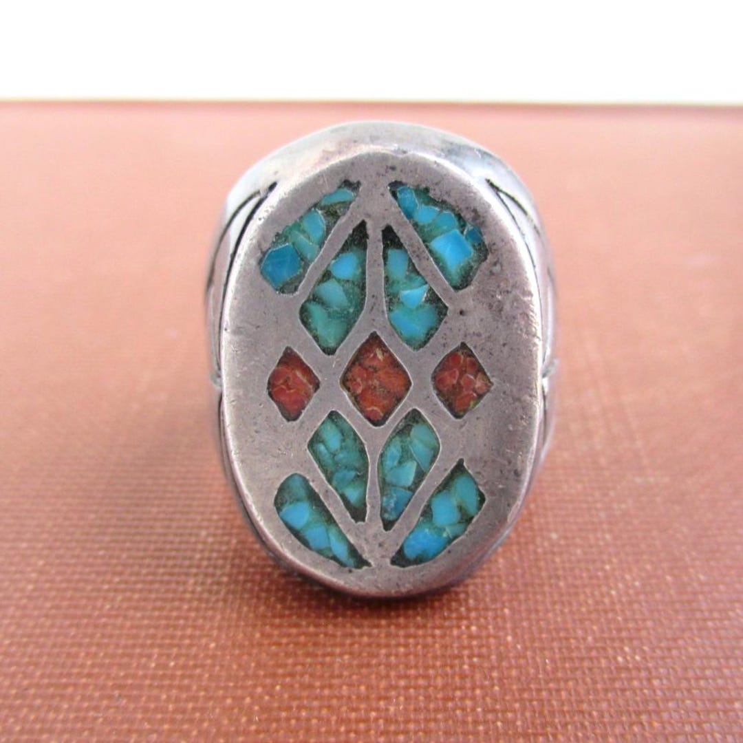 Sterling Silver & Blue Turquoise / Red Coral Ring - Vintage Southwest ...