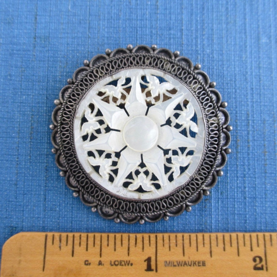 Sterling Silver & Hand Carved Pearl Star of Bethlehem Pin / Brooch ...