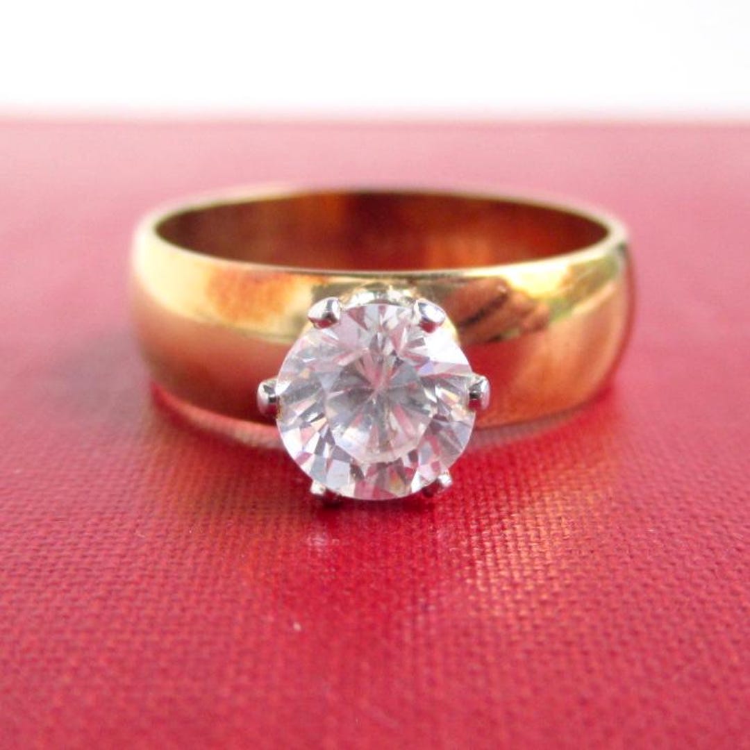 14K Gold Electroplate Ring W/ Colorless Prong Set Stone - Vintage, Size ...