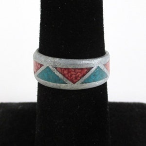 Red & Blue Stone Inlay Band Ring - Vintage Southwest Dark Silver Tone ...