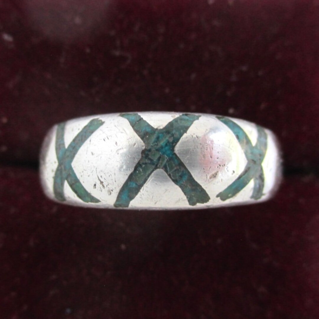 Sterling Silver & Blue Stone Inlay Ring Vintage, Size 9.25 surface Wear ...