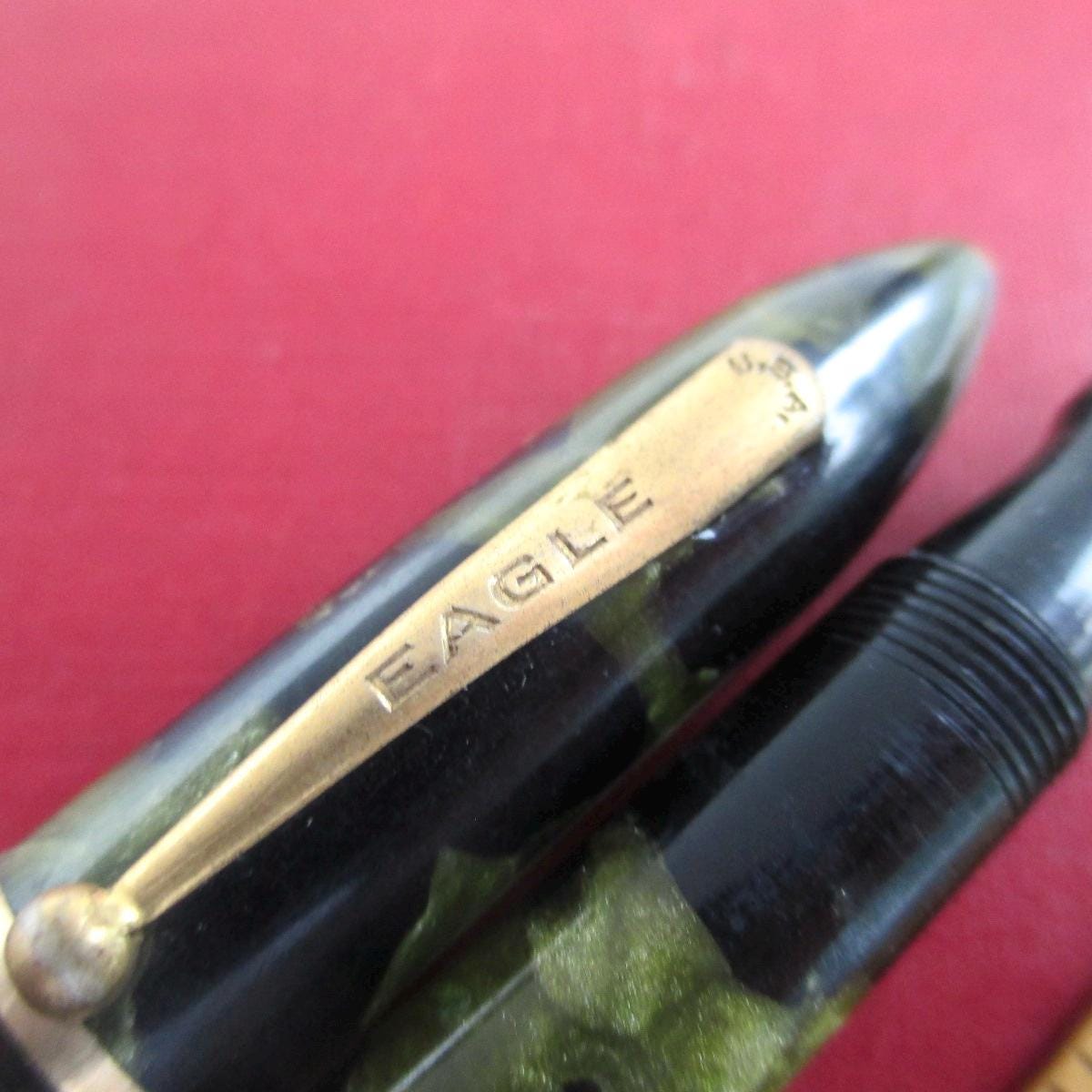 Eagle Fountain Pen in Marbled Green & Black - Vintage Short Size W/ 14K ...
