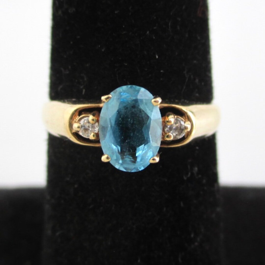 14K Solid Gold Ring W/ Light Blue Aquamarine & Colorless Stones ...