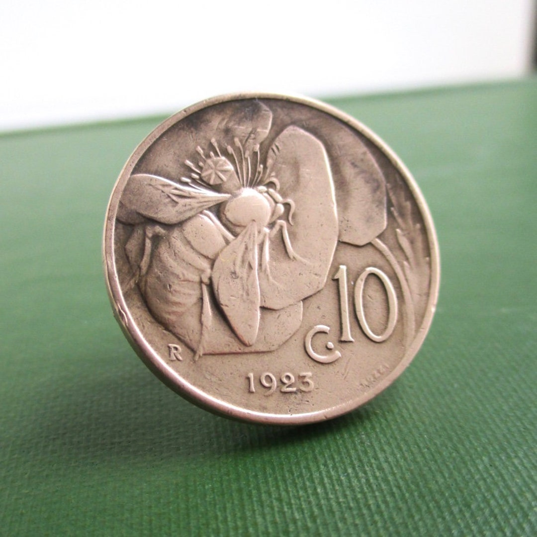 Bee & Flower Coin Tie Tack / Lapel Pin Repurposed Vintage 1923 Italia ...