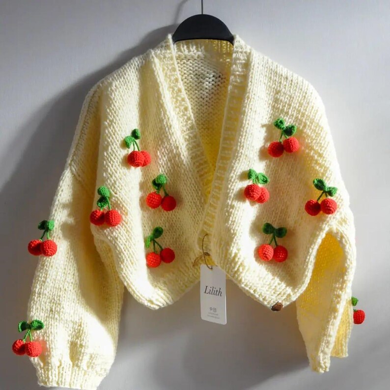 Handmade Cherry Knit Crop Cardigan – Whimsical 3D Fruit Sweater for ...
