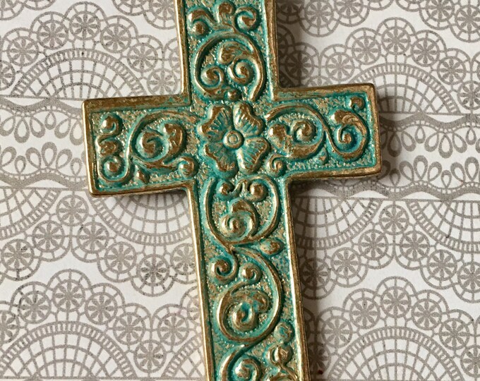 Cross Ornate Turquoise Blue Patina Over Shiny Gold Pewter - Etsy