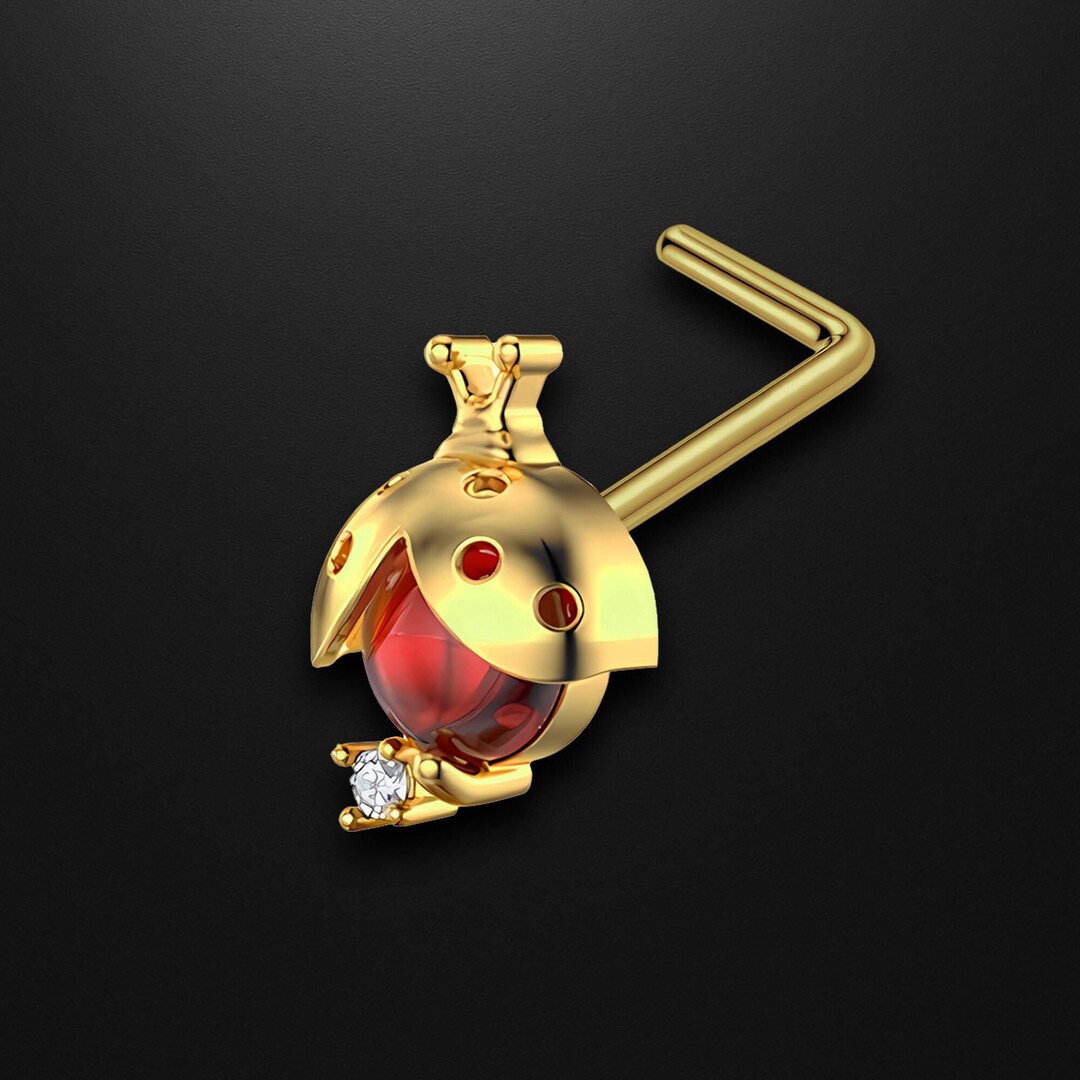 Gold Plated L-shaped Nose Ring Stud in Ladybug Style With Zirconia Nose ...
