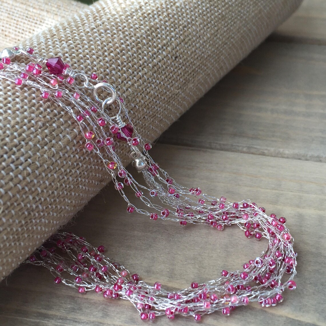 Crocheted Multi Strand Necklace Anklet Pink Berry Silver Light Shiny ...