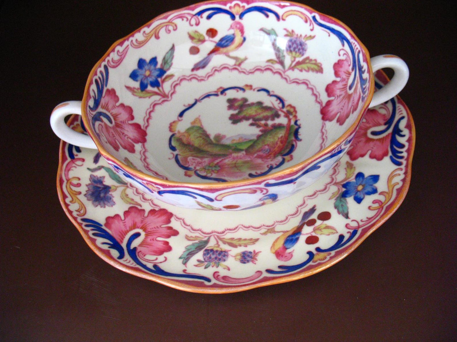 Rare SPODE GOBELIN Double Handle Cream Soup BOWL & Under Plate Spode ...