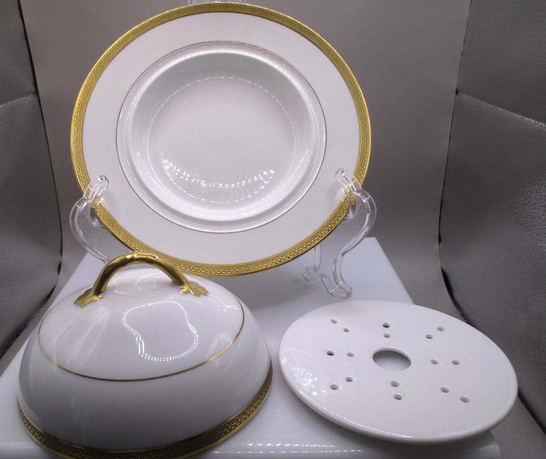 3 Piece Old Abbey Limoges France Butter Dish Gold Trim Covered Plate ...