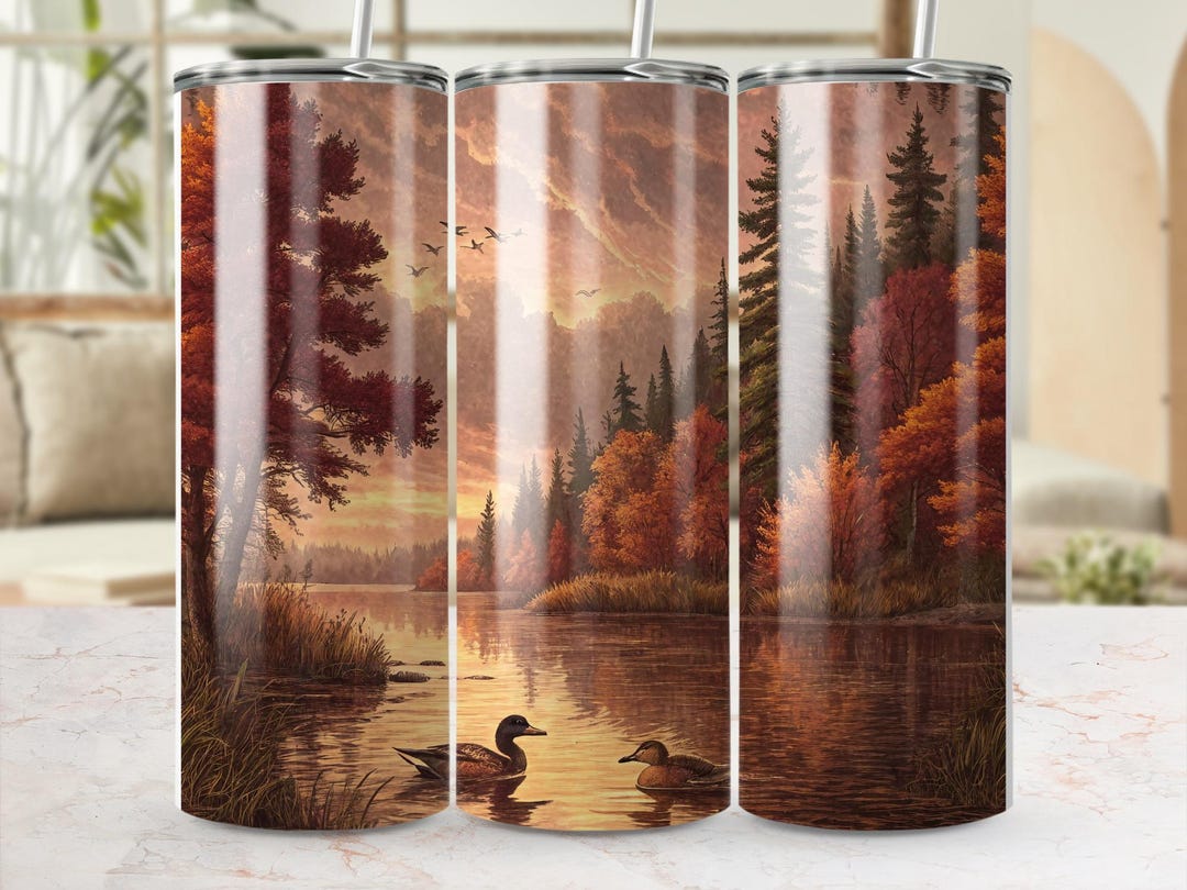 Autumn Lake Duck Tumbler Wrap PNG Fall Forest Waterscape 20oz Skinny ...
