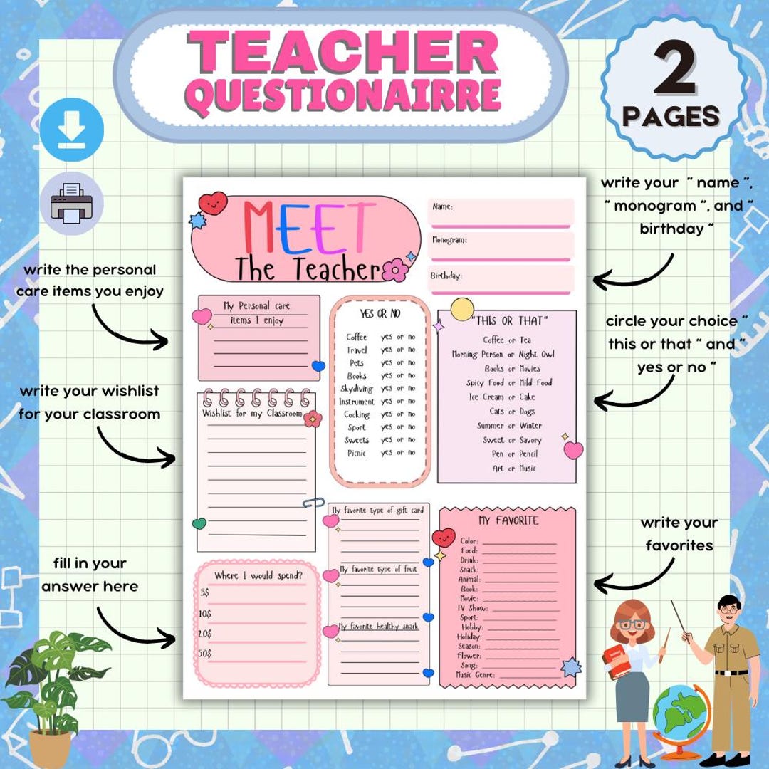 Meet the Teacher Questionnaire Printable Back to School Classroom ...