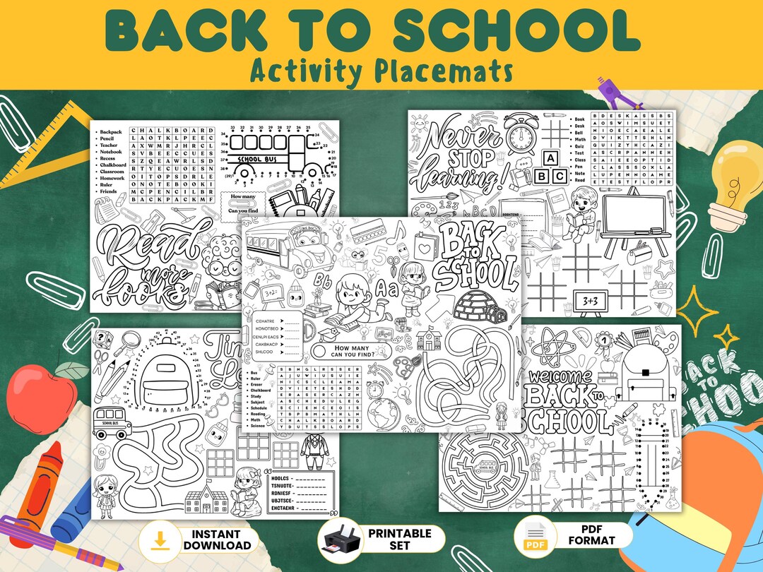 Back to School Activity Placemats: Fun Learning Games for Kids (PDF ...