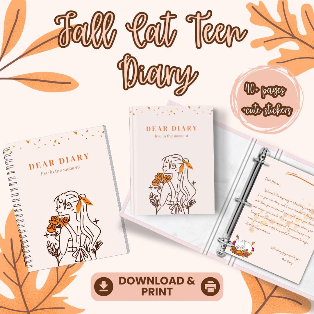 Fall Cat Teen Diary | 40+ Page Printable Journal for Teens Cat Stickers ...