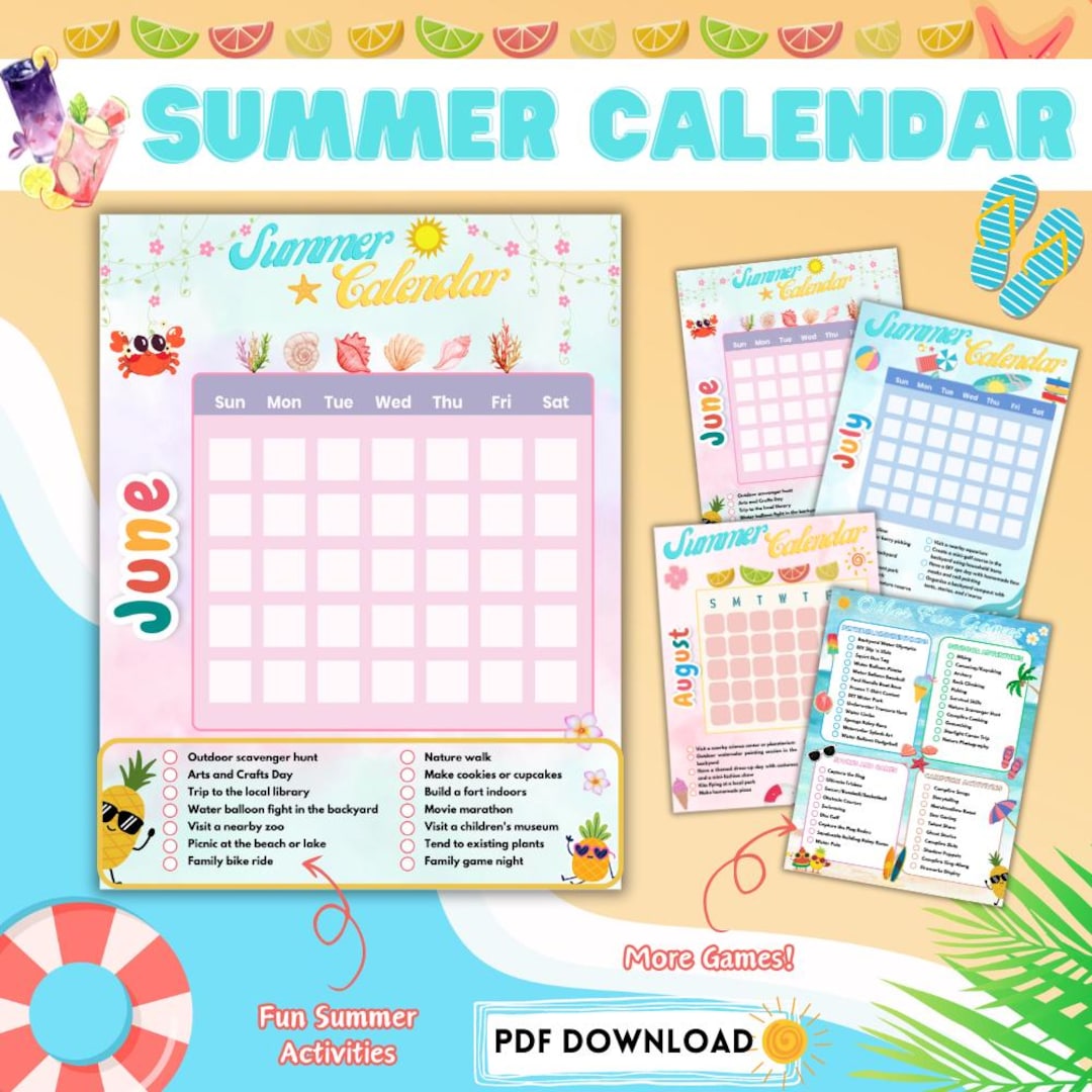 Summer Activity Calendar for Kids – Printable Monthly Planner ...