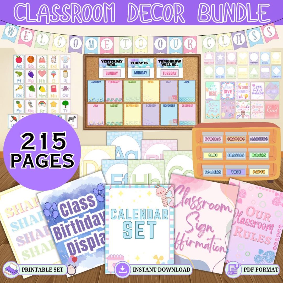 Pastel Classroom Decor Bundle Printable 215 Pages ABC Posters, Calendar ...