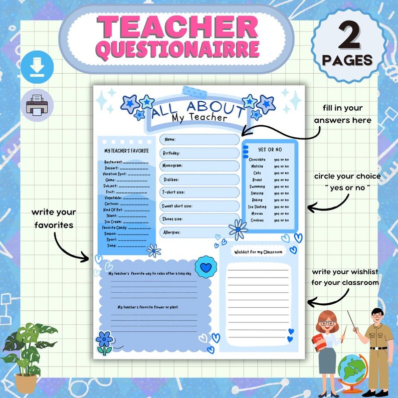 Meet the Teacher Questionnaire Printable 2 Page Back to School Template ...