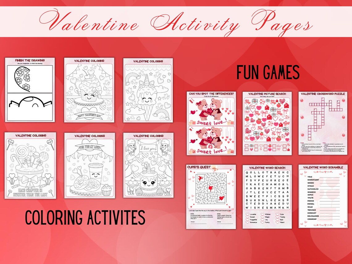 Valentine's Day Activity Pack | Printable Games, Coloring Pages (PDF ...