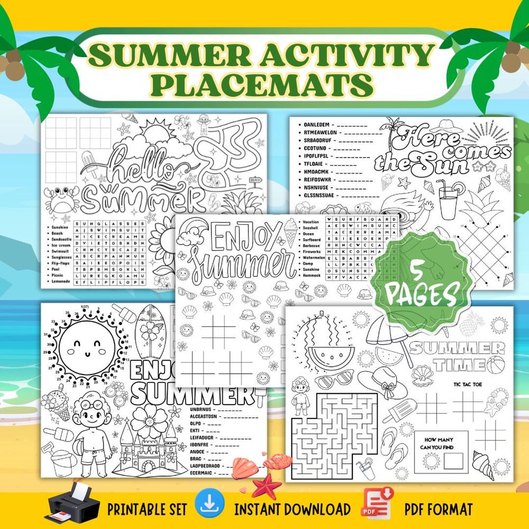 Summer Activity Placemats for Kids – 5 Printable Coloring Pages With ...