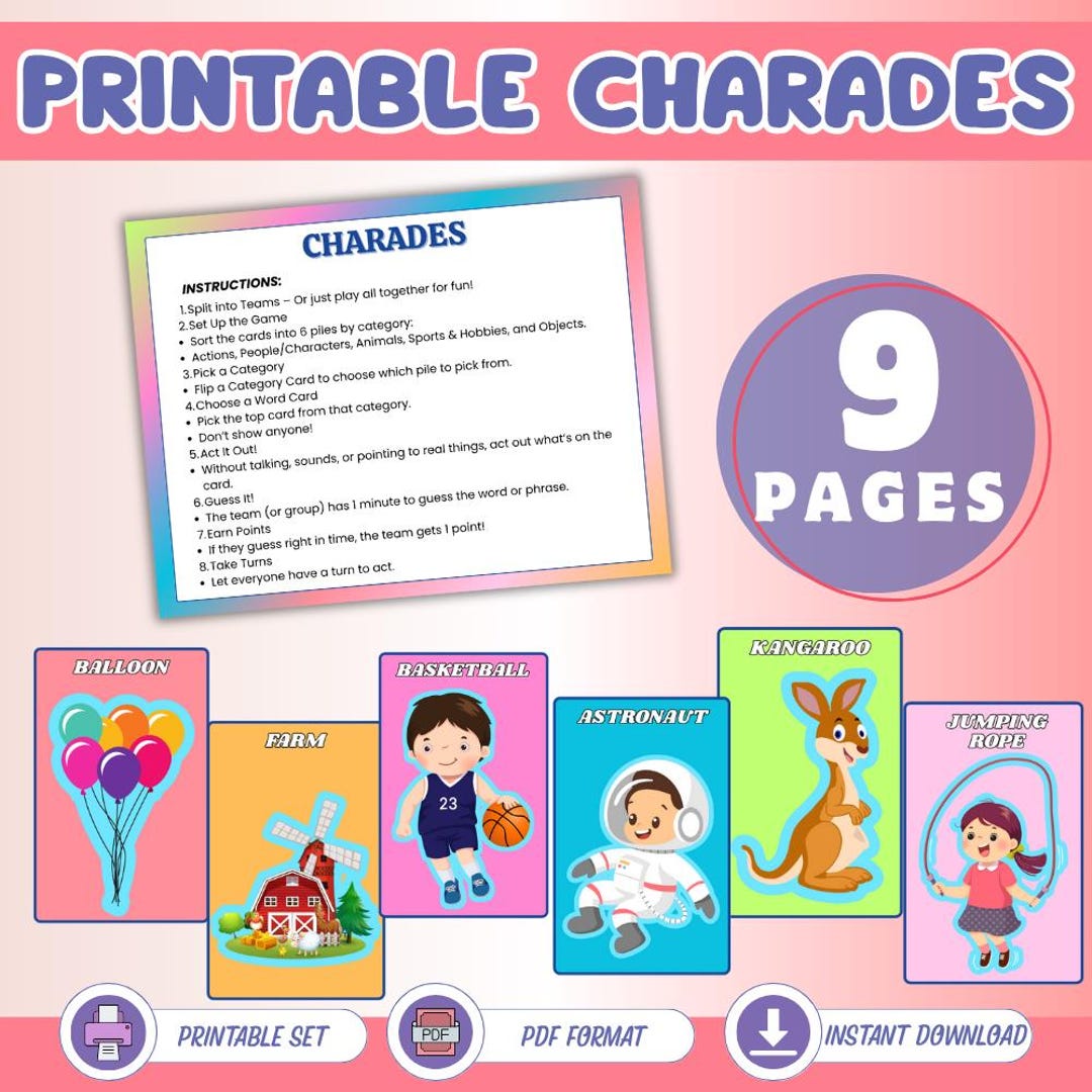 Printable Charades Game for Kids and Family Fun Party Activity | 9 Page ...