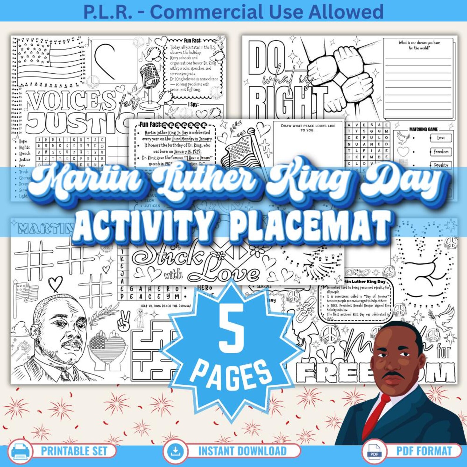 MLK Day Activity Placemat, Civil Rights Worksheets (PDF) - Etsy