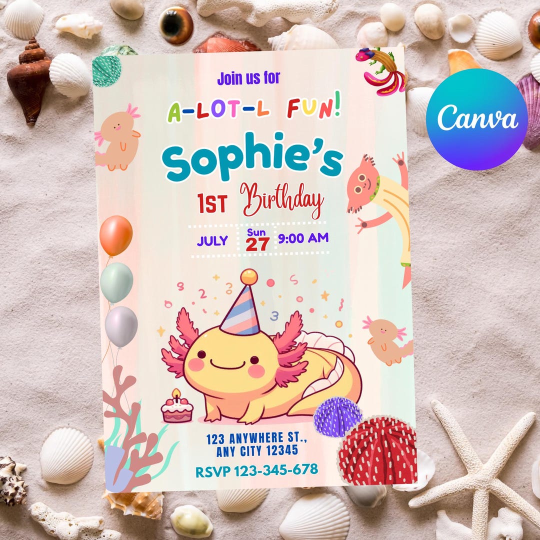 Axolotl Birthday Invitation, Under the Sea Party, Cute Axolotl Birthday ...