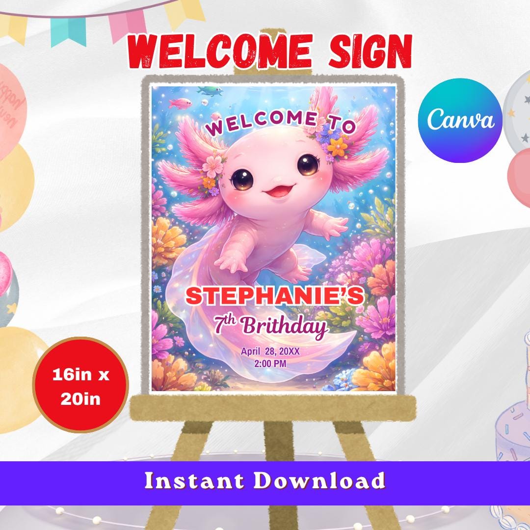Axolotl Birthday Welcome Sign Template, Editable Canva, Kids Under the ...