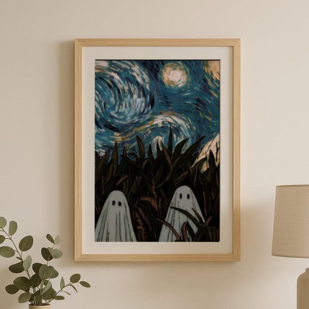 Spooky Starry Night Ghosts Art Print - Halloween Wall Decor, Whimsical ...