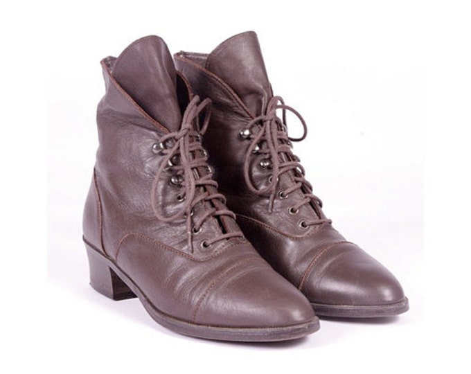 Vintage Brown Leather Cuff Lace up Ankle Booties 7 37.5 - Etsy