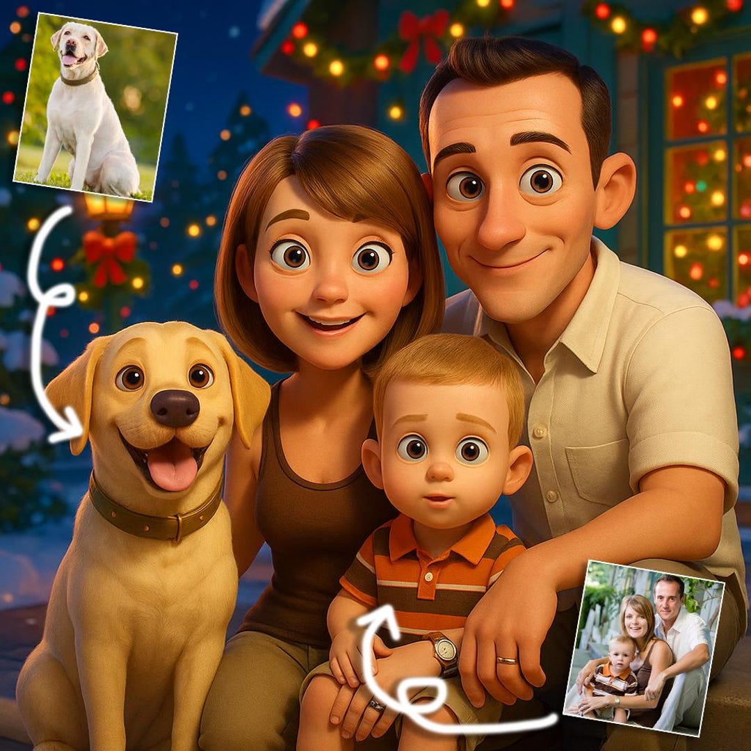 Custom Pixar Style Portrait From Photo Personalized 3D Cartoon Add Pet ...
