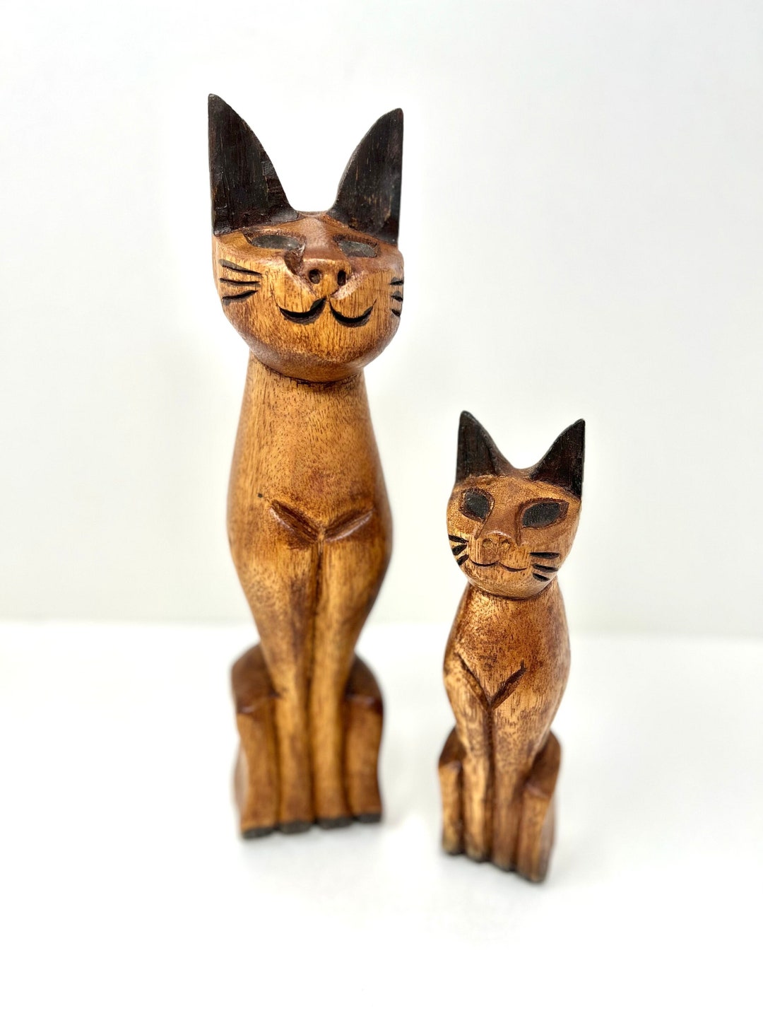 TEAK CAT FIGURINES Set of 2 Home Decor Carved Wood Figures Mcm Siamese ...
