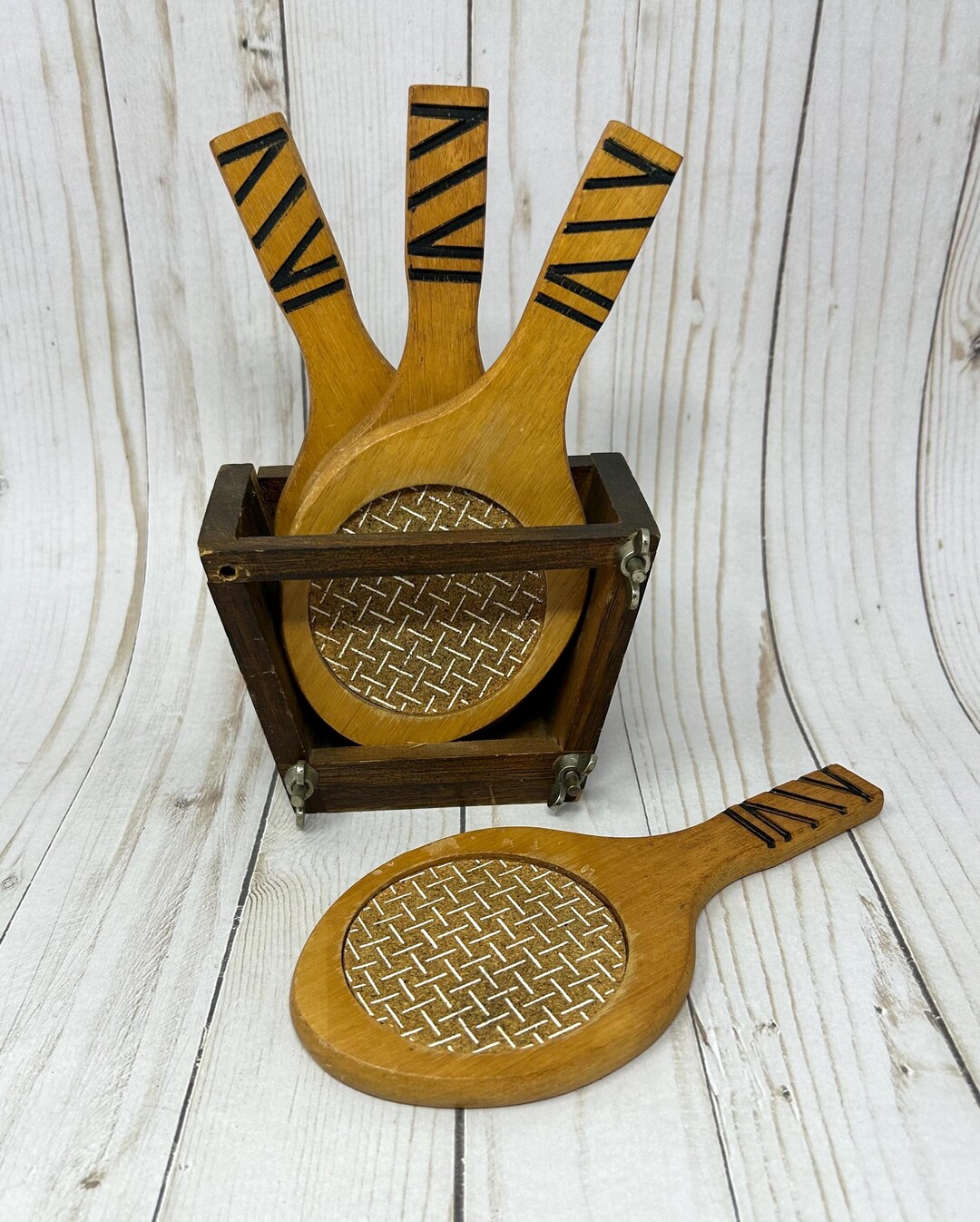 TENNIS RACQUET COASTERS Vintage Wooden Drink Holders Set of 4 With ...