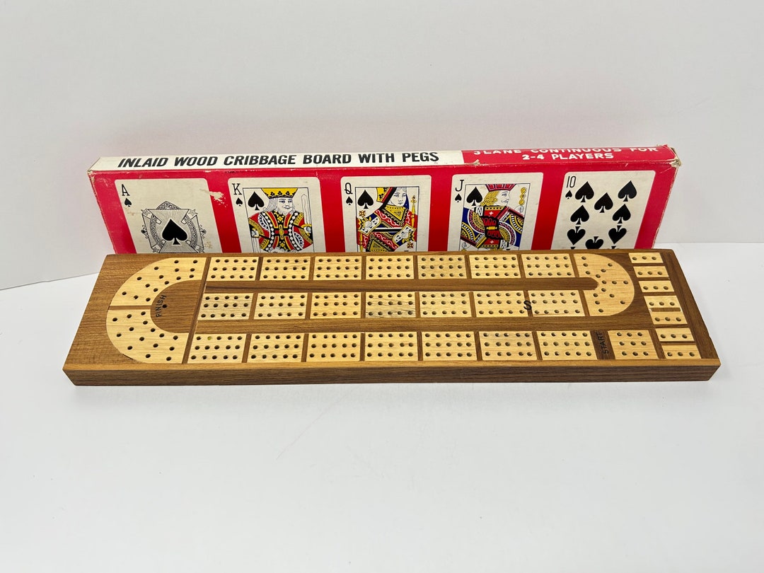 Inlaid Wood CRIBBAGE BOARD With Pegs Vintage Card Game Wooden 3 Lane ...