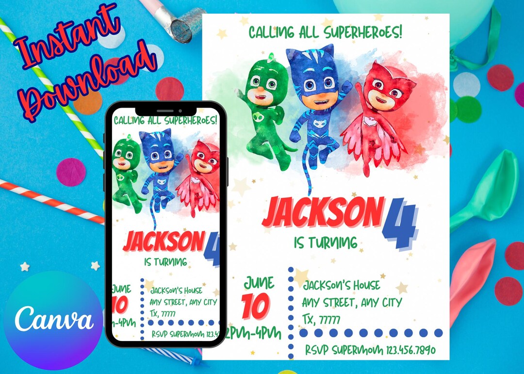 Printable PJ Masks Birthday Party Invitation for Kids | Editable ...