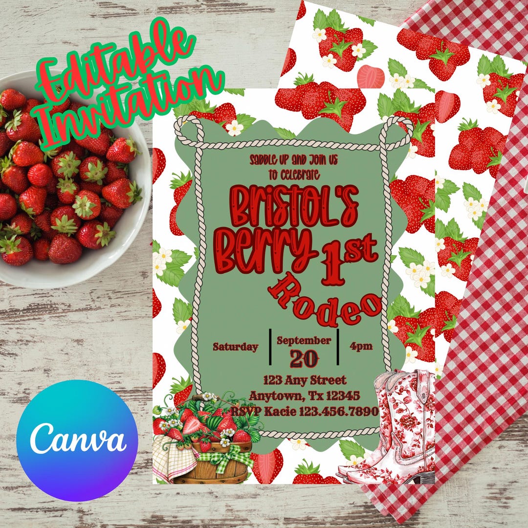 Berry 1st Rodeo Birthday Invitation, Editable Strawberry Western Theme ...