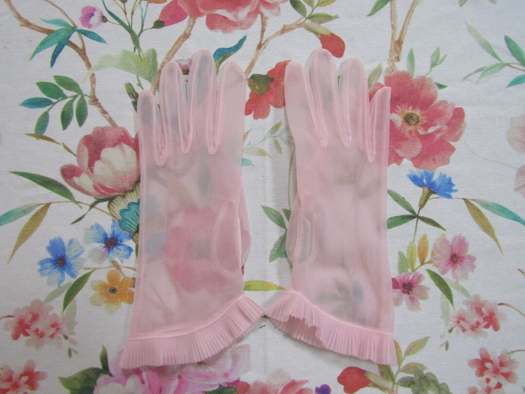 Vintage Sheer Blush Pink Chiffon Gloves - Angled Pleated Ruffles--new ...