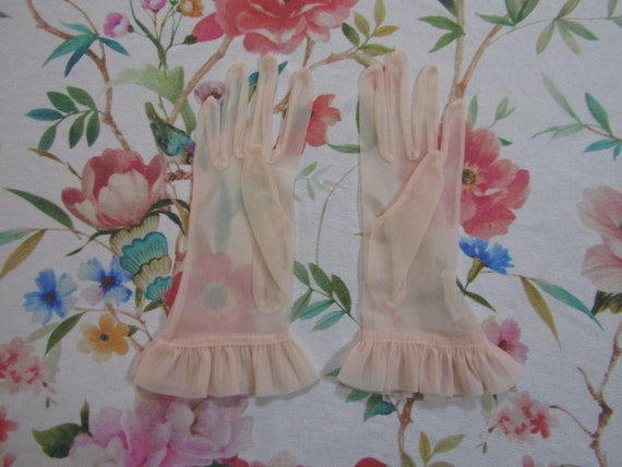 Vintage Sheer Blush Pink Chiffon Gloves with Ruffles-… - Gem