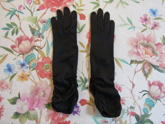 Vintage STETSON Black Ruched Nylon Gloves-- 13" Brace… - Gem