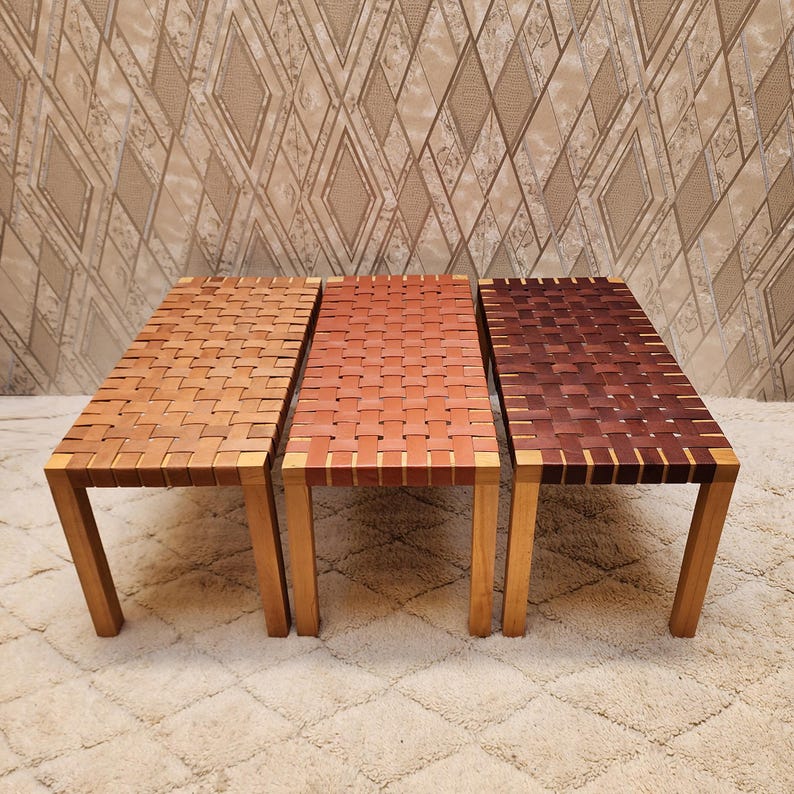 Custom Sized Leather Bench, Handmade With Woven Seat & Solid Wood Frame ...