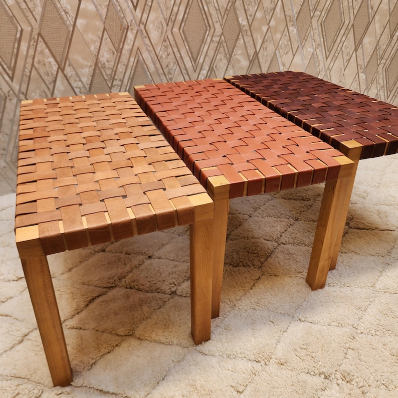 Custom Sized Leather Bench, Handmade With Woven Seat & Solid Wood Frame ...