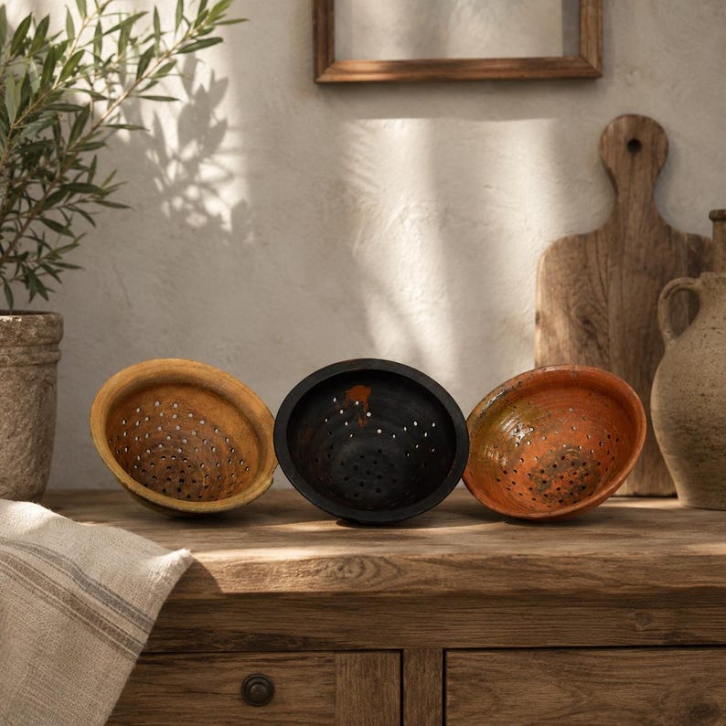Vintage Clay Colander - Rustic Ceramic Strainer Bowl - Farmhouse ...