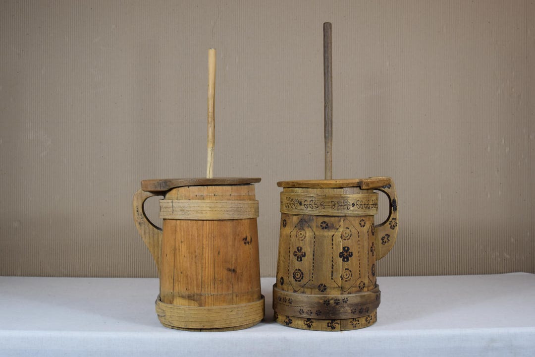 Antique Wooden Butter Churn - Primitive Butter Crock With Dasher ...