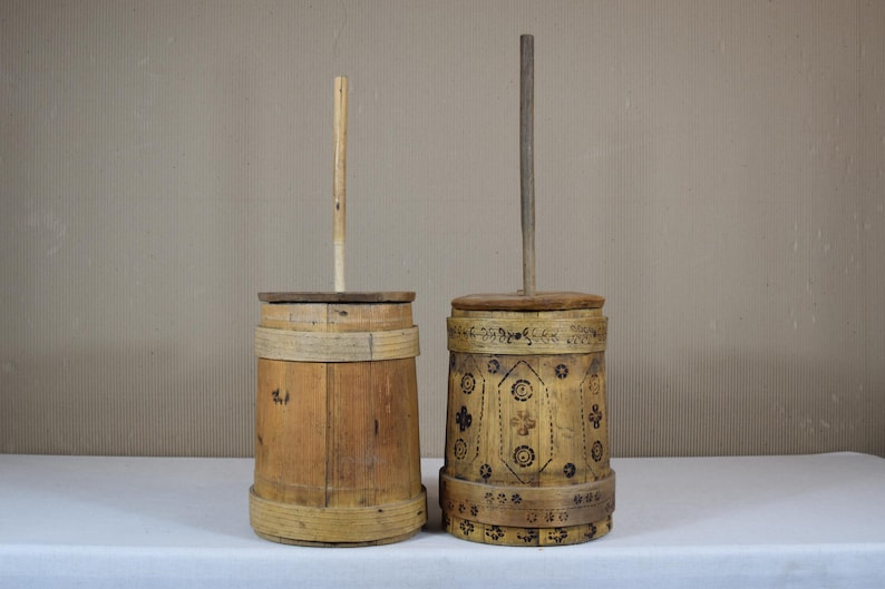 Antique Wooden Butter Churn - Primitive Butter Crock With Dasher ...