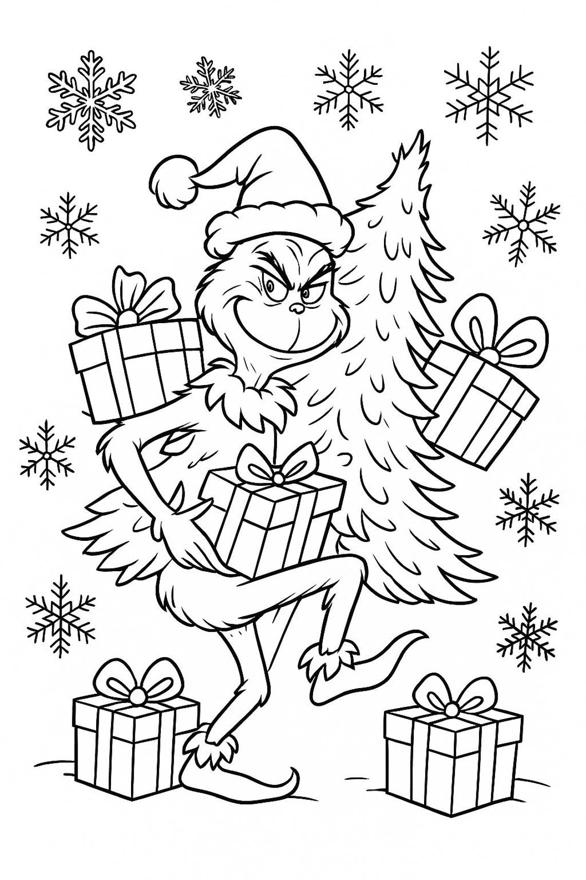 Grinch Holiday Coloring Sheet | Snowflakes, Gifts & Christmas Tree ...
