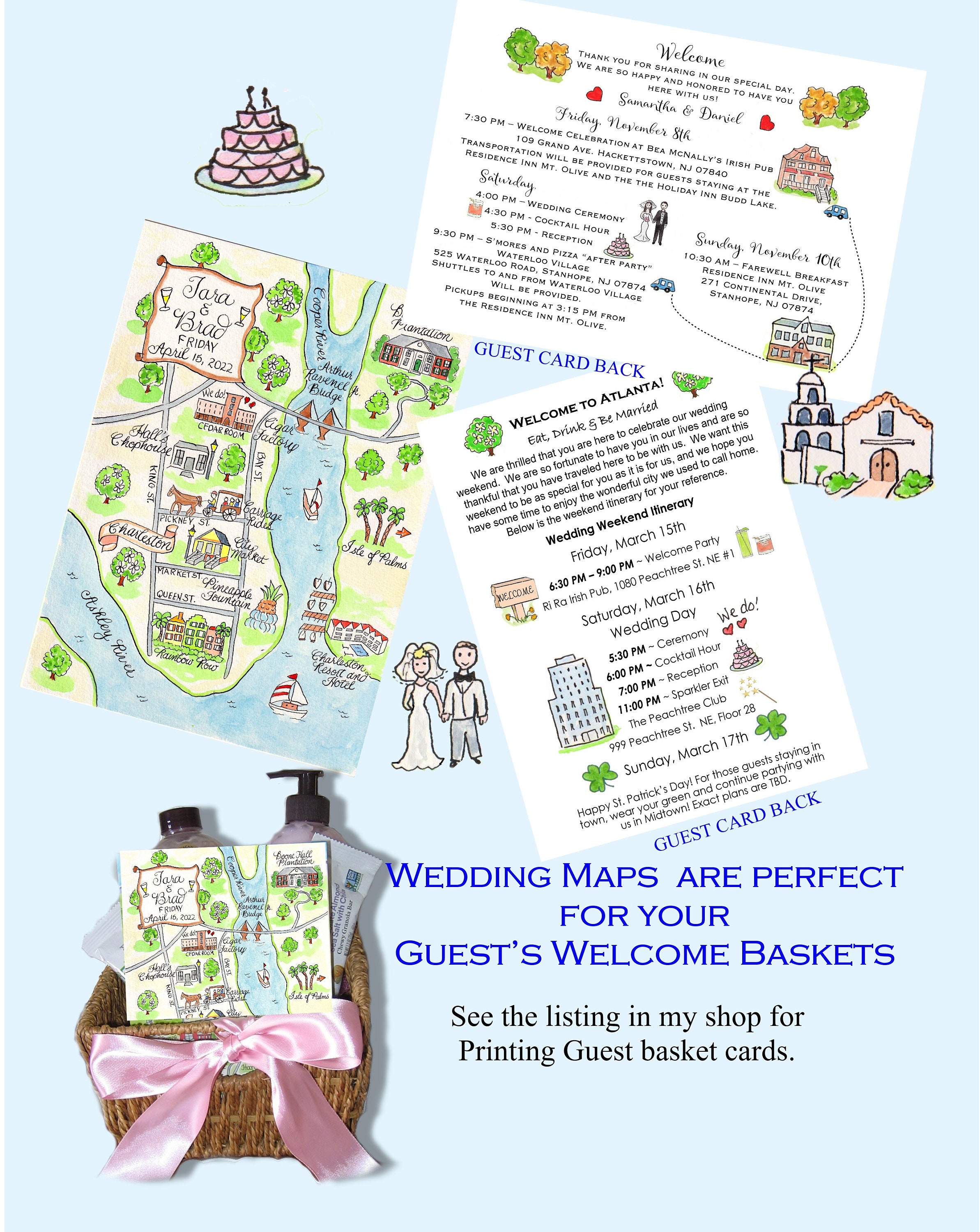 Custom Wedding Map - Montauk - Hand Drawn Wedding Map-watercolor Map ...