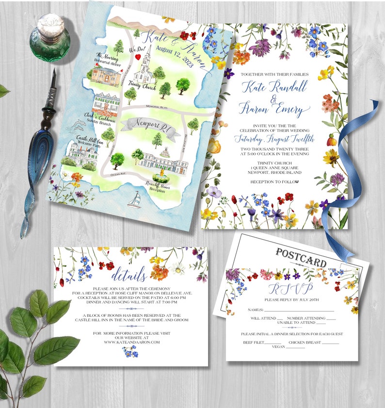Wedding Map With Invitation, Custom Hand Drawn Watercolor Wedding Map ...