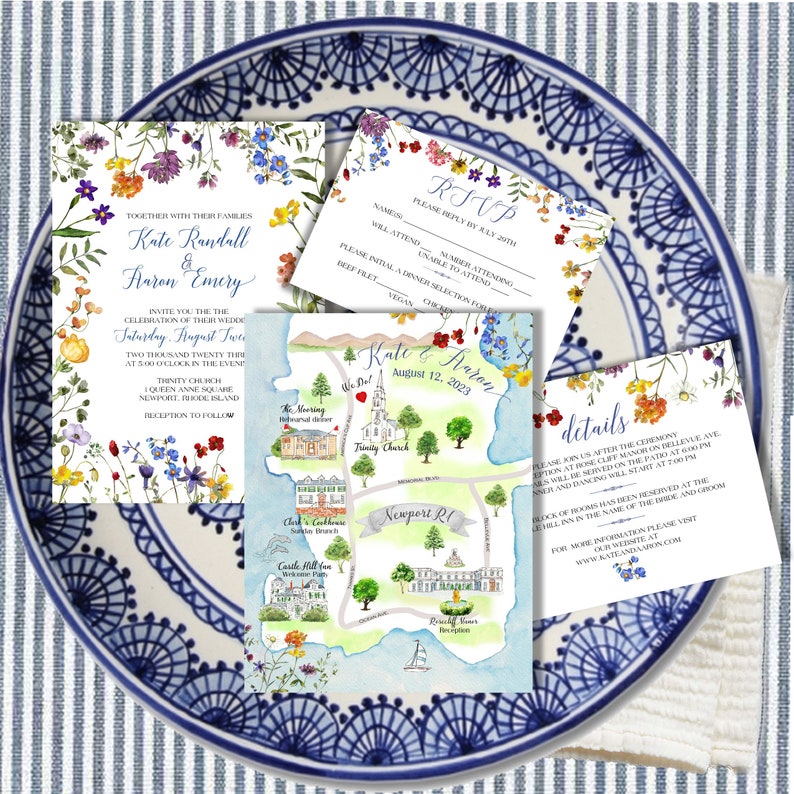 Wedding Map With Invitation, Custom Hand Drawn Watercolor Wedding Map ...