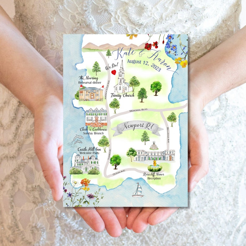 Wedding Map With Invitation, Custom Hand Drawn Watercolor Wedding Map ...