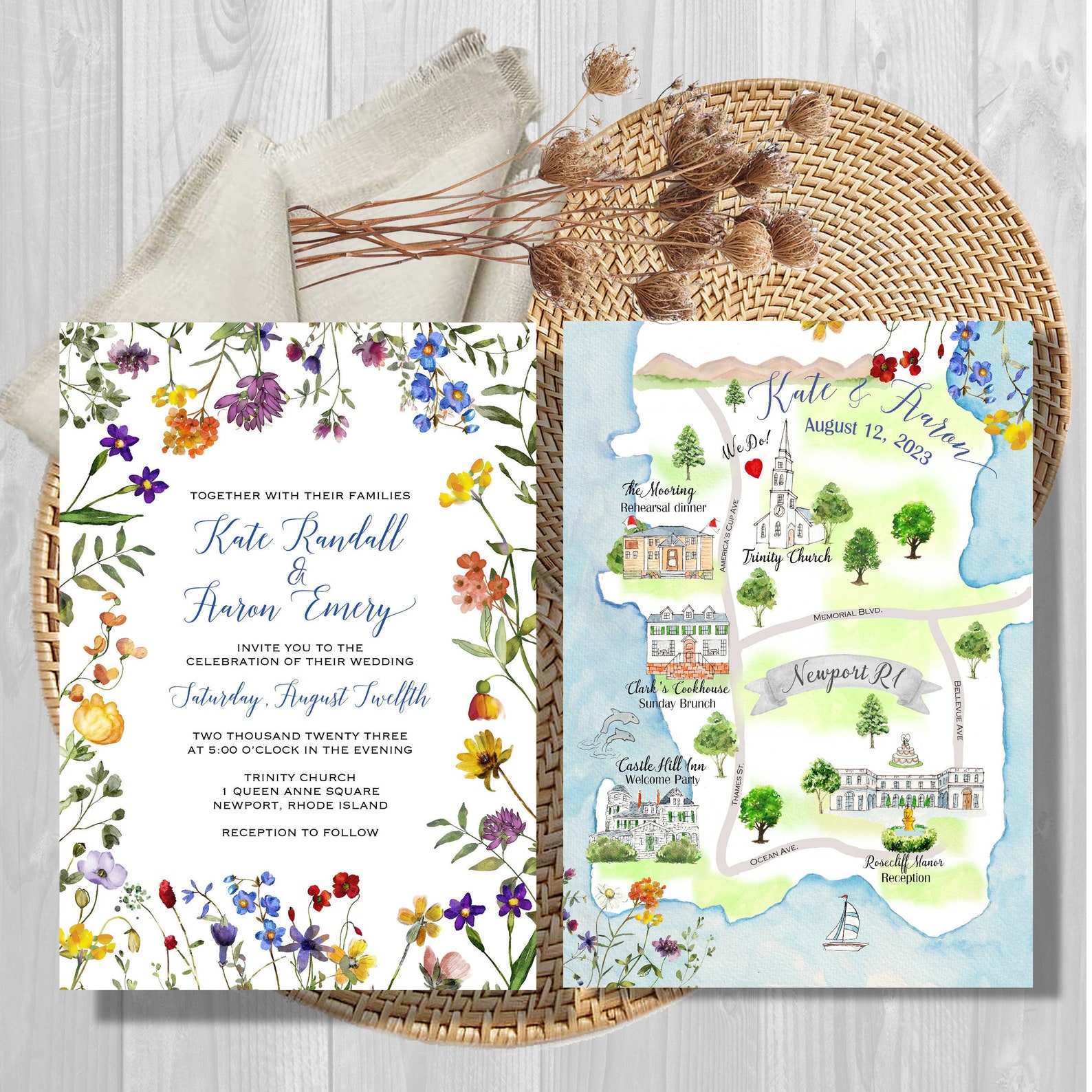 Wedding Map With Invitation, Custom Hand Drawn Watercolor Wedding Map ...